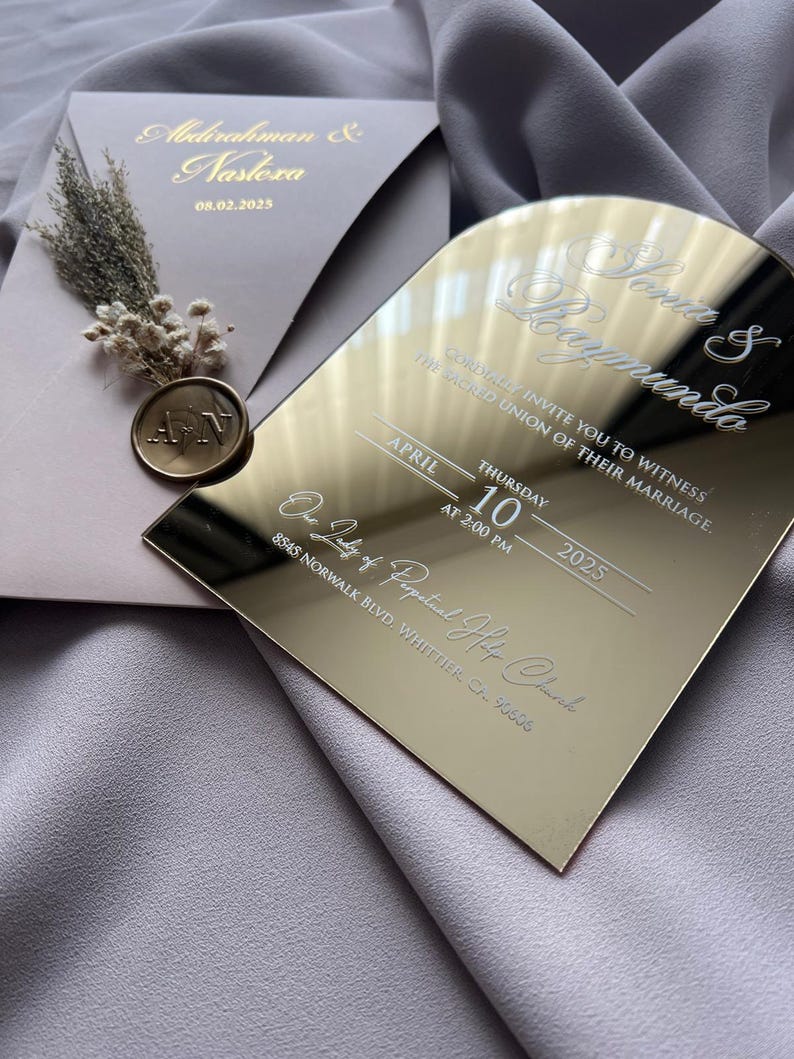 Gold Mirror Acrylic Wedding Invitation – Arch, Wax Seal & Dried Flowers ...