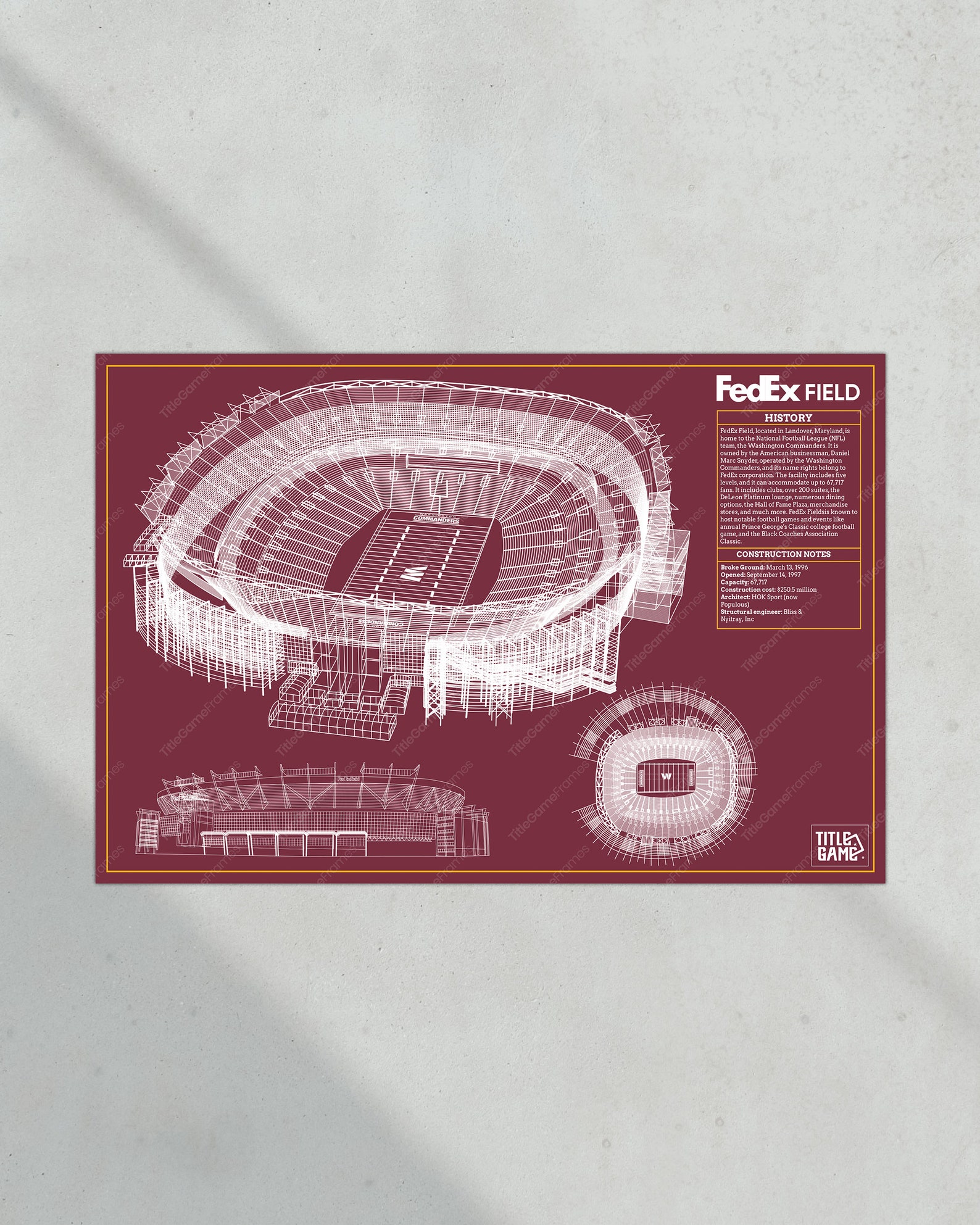 Washington Commanders Fedex Field Stadium Blueprint Football Print - Etsy