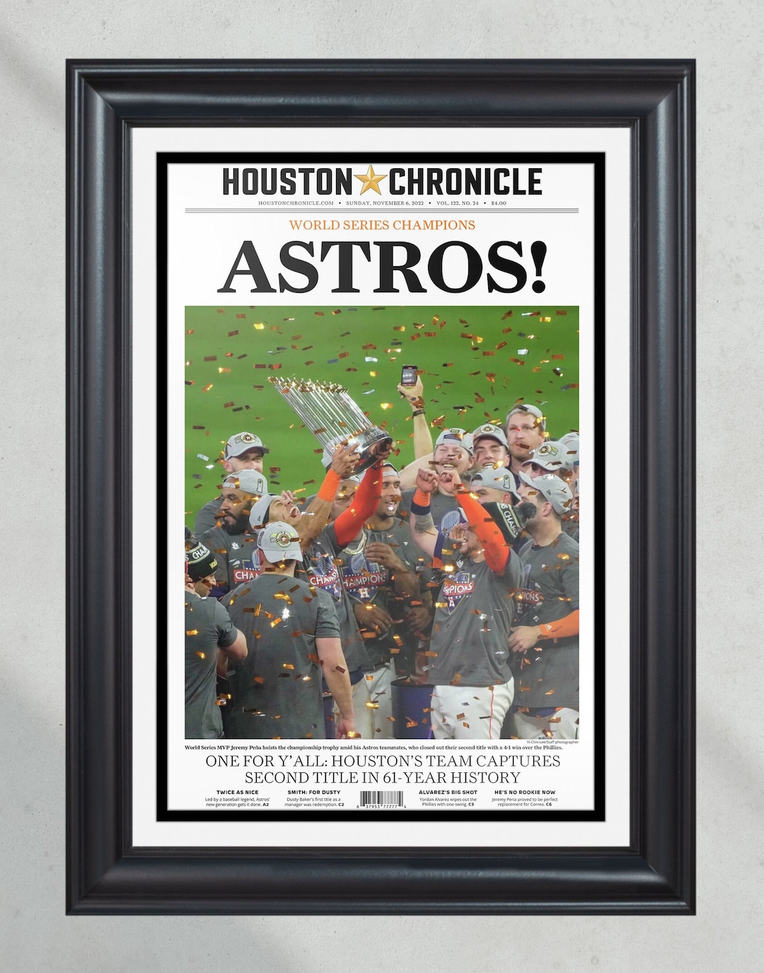 2022 Houston Astros “astros!” World Series Framed Front Page Newspaper ...