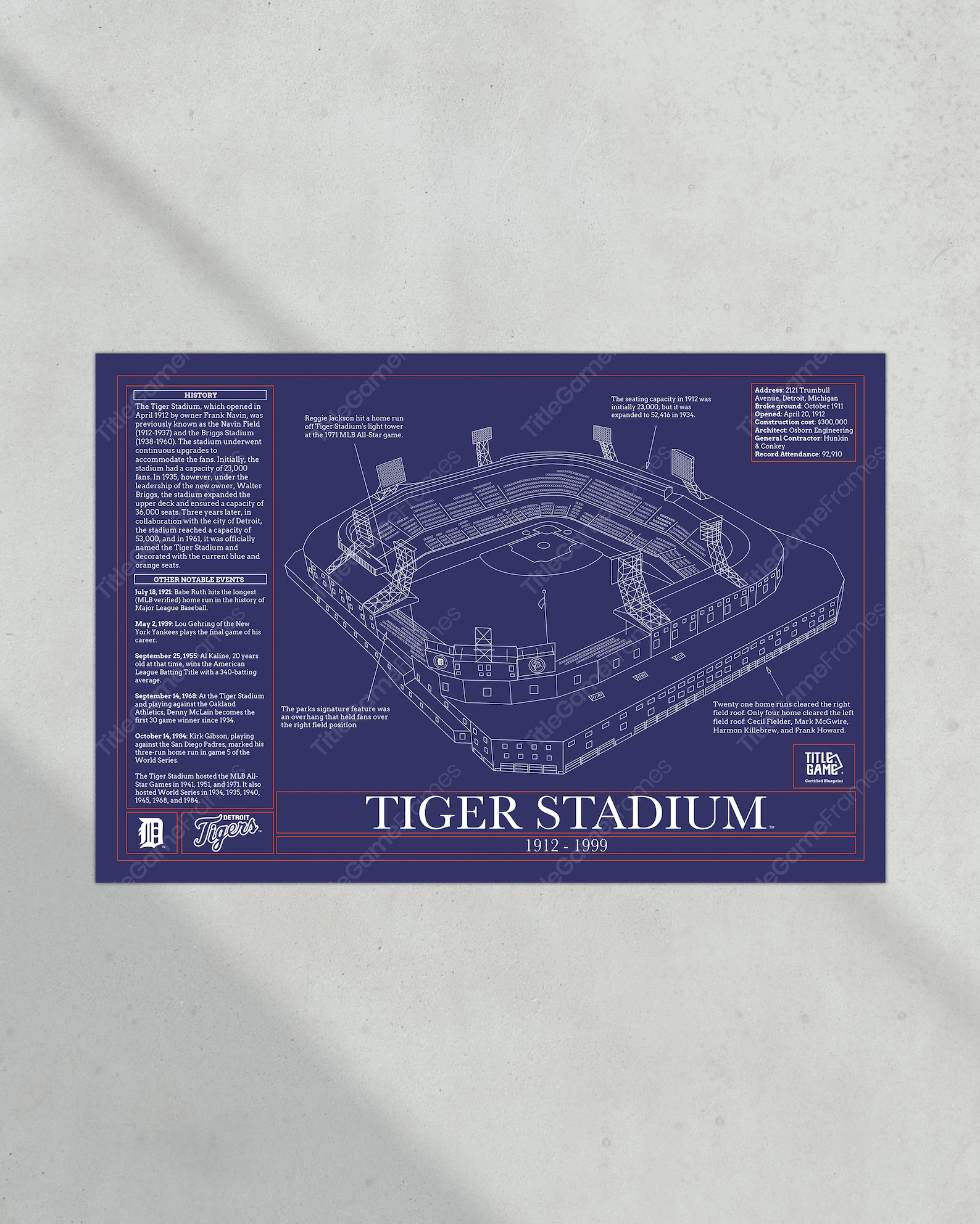 Detroit Tigers Tiger Stadium Stadium Ballpark Blueprint Baseball Wall ...
