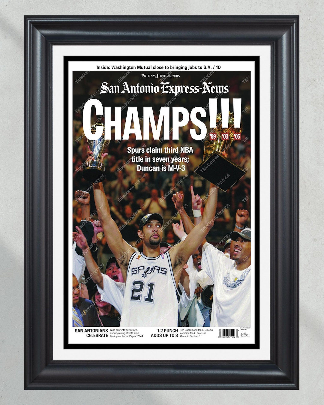 2005 San Antonio Spurs NBA Champion Framed Front Page Newspaper Print ...