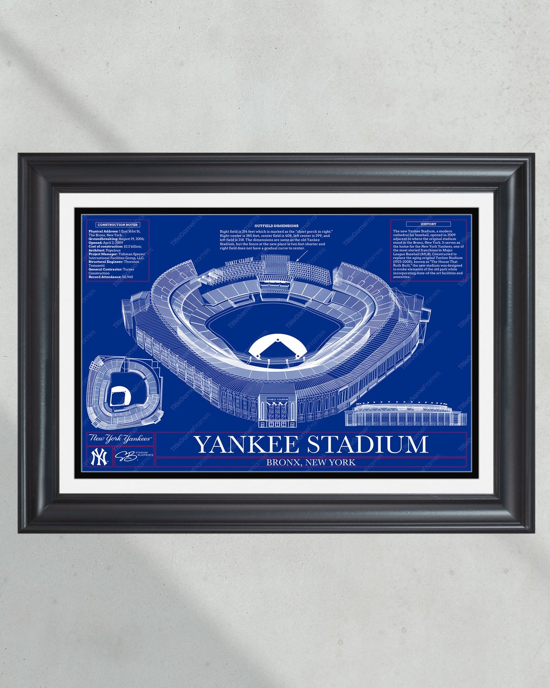 New York Yankees Yankee Stadium Ballpark Blueprint Baseball Wall Art - Etsy
