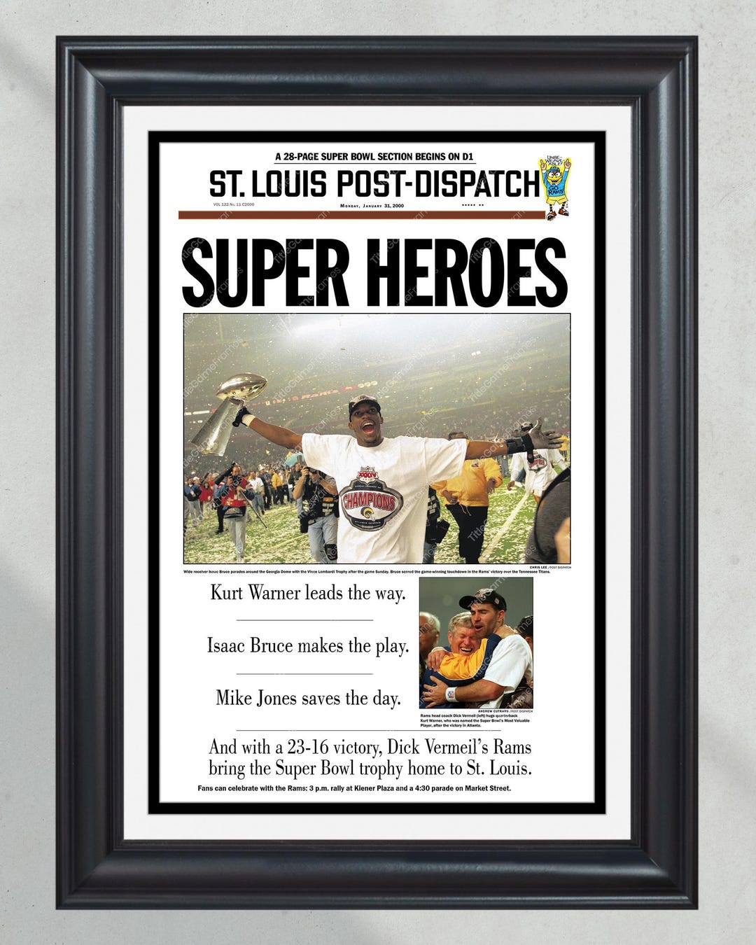 2000 Saint Louis Rams 'SUPER HEROES' Super Bowl Champions Framed Front ...