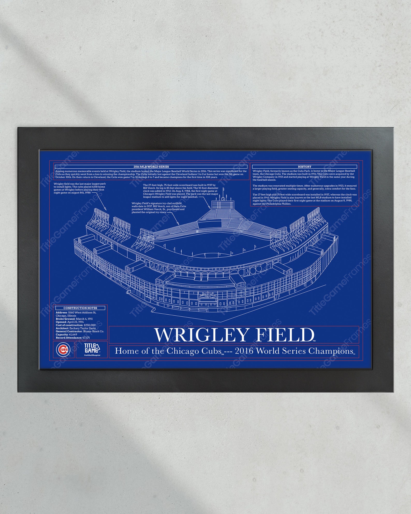 Chicago Cubs Wrigley Field Stadium Ballpark Blueprint Baseball Wall Art ...