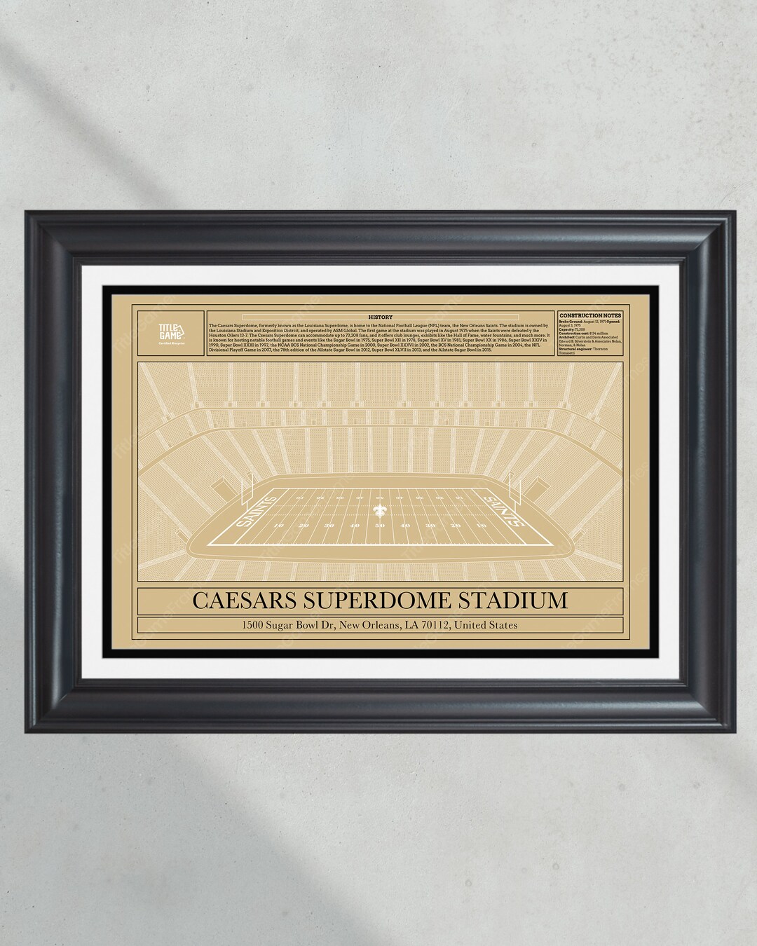 New Orleans Saints Ceasars Superdome Stadium Blueprint Football Print ...