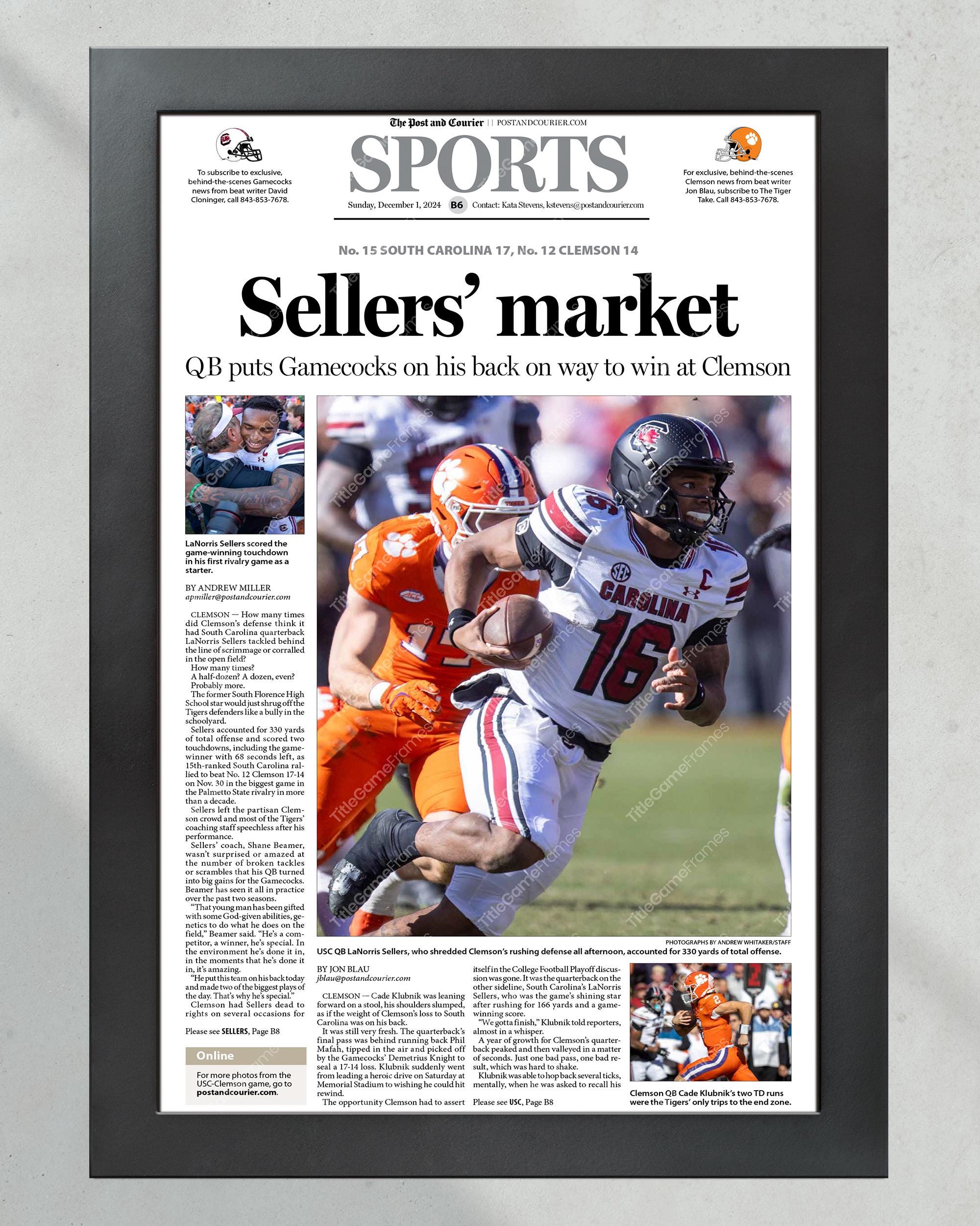 2024 South Carolina Gamecocks Defeat Clemson "sellers' Market' - Framed ...