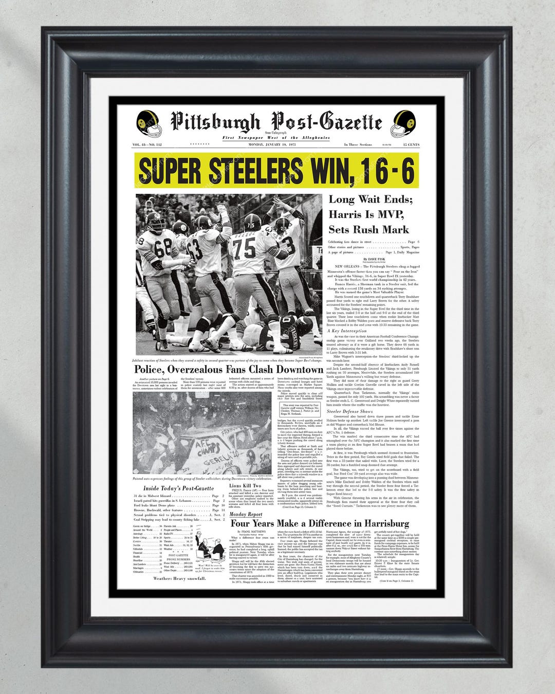 1975 Pittsburgh Steelers Super Bowl IX Champions Framed Front Page ...