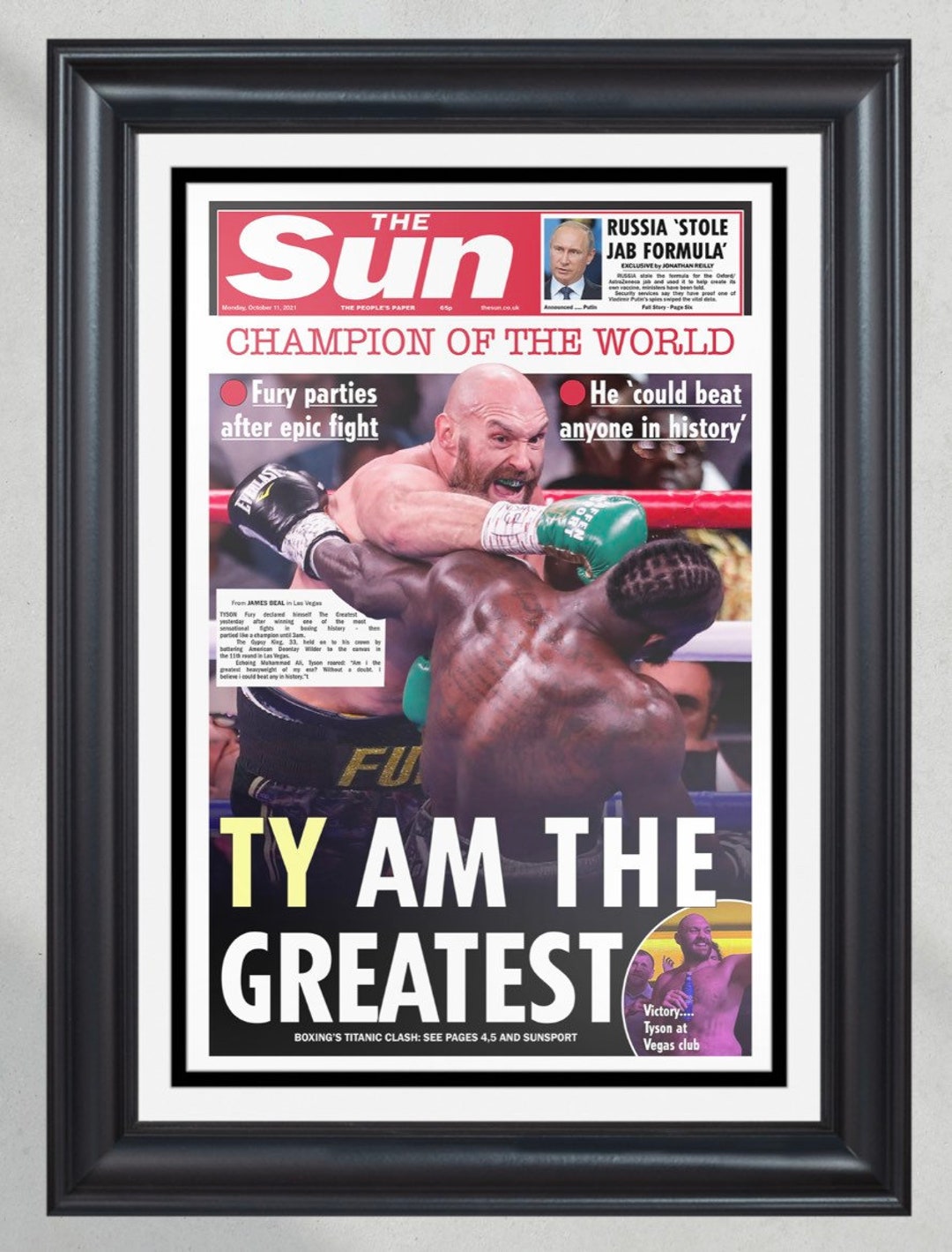 2021 Tyson Fury Vs Deontay Wilder Heavyweight Boxing Framed Front Page ...