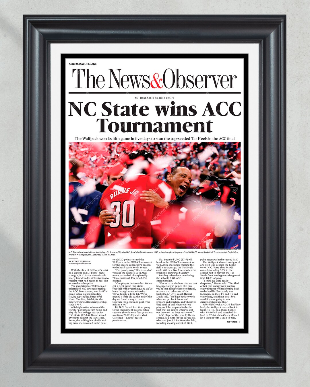 2024 NC State Wolfpack ACC Champions: Victory Over UNC Framed Newspaper ...