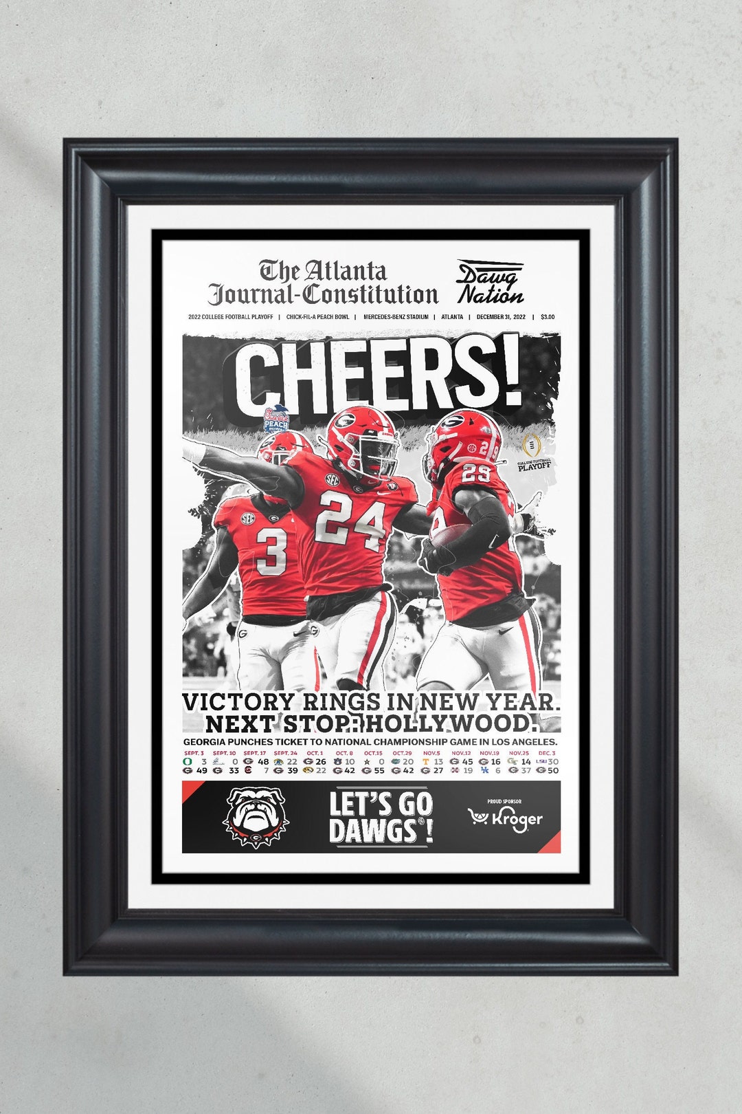 2022 Georgia Bulldogs Defeat OSU Peach Bowl 'CHEERS' Framed Front Page ...