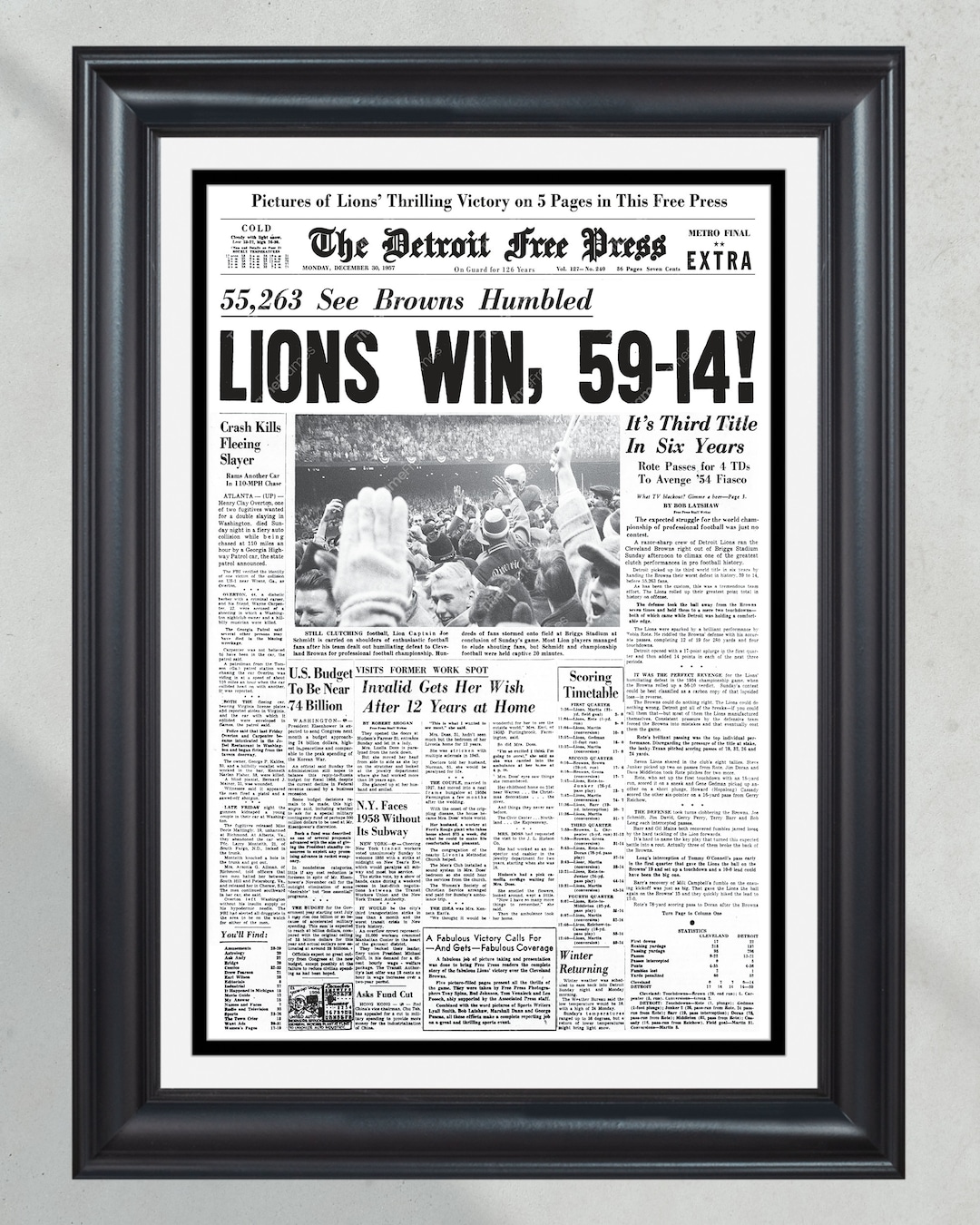 1957 Detroit Lions' Historic Championship Win: 'LIONS WIN, 59-14 ...