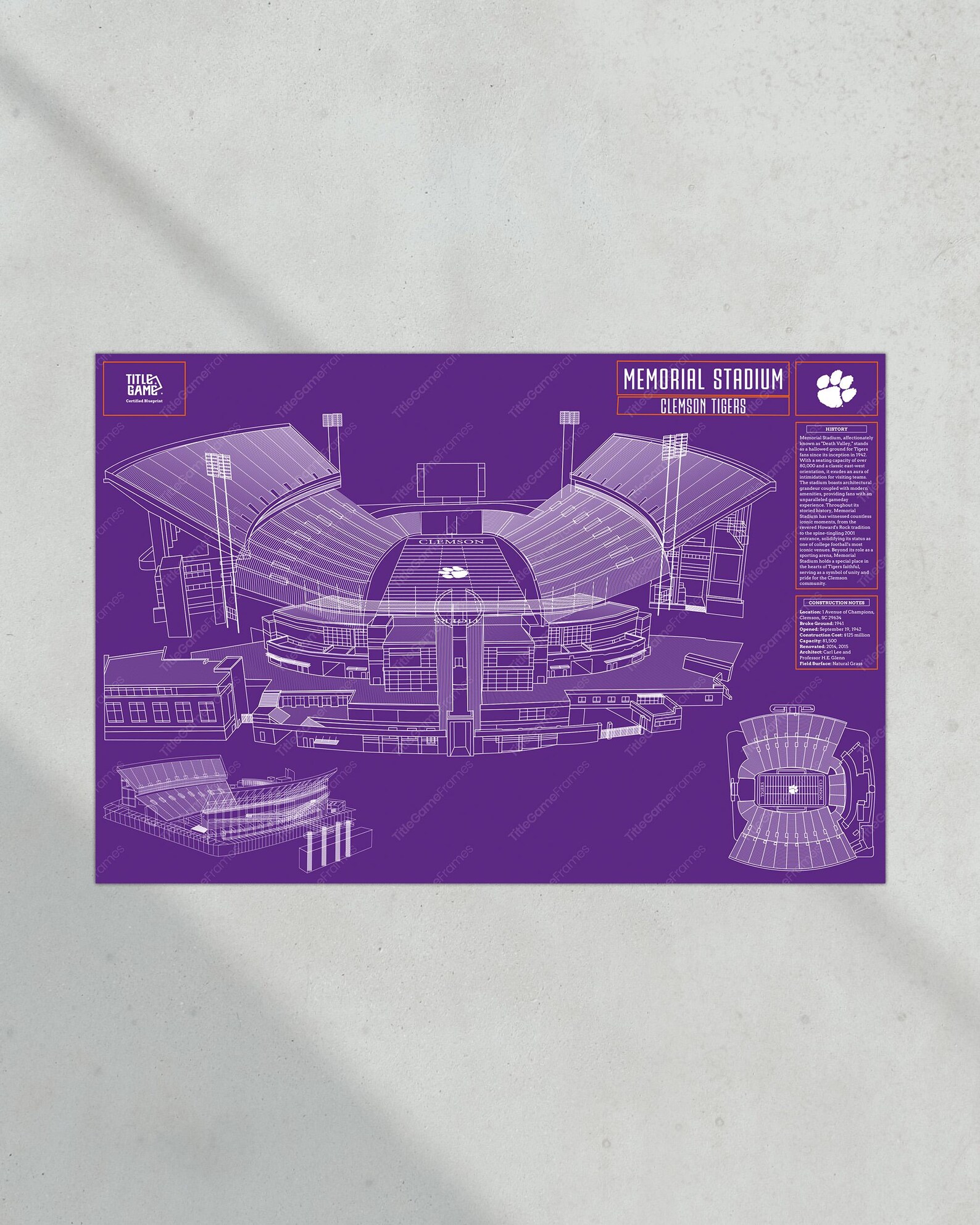 Clemson Tigers Memorial Stadium Blueprint "death Valley" Wall Art - Etsy
