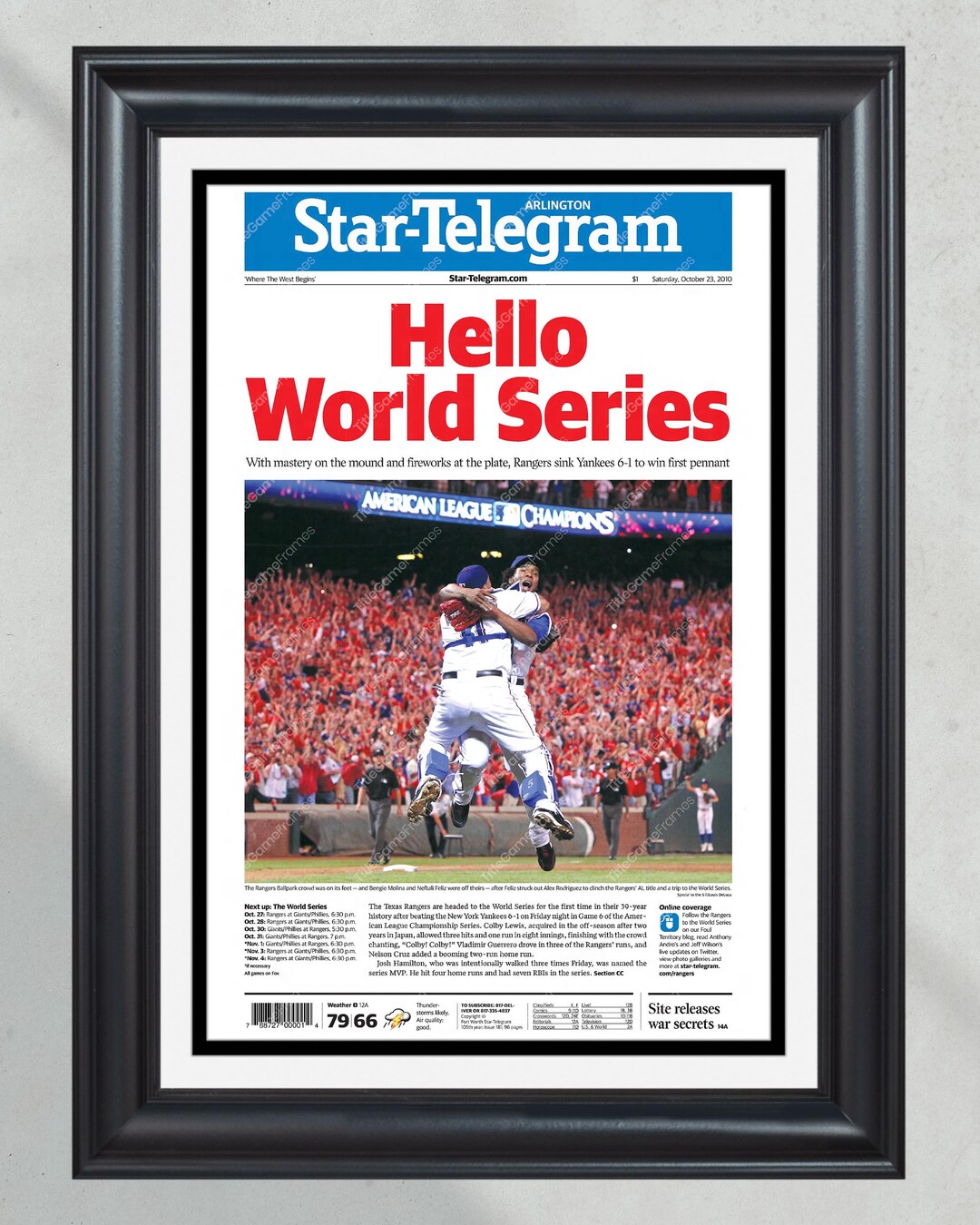 2010 Texas Rangers ALCS Champions Framed Front Page Newspaper Print - Etsy