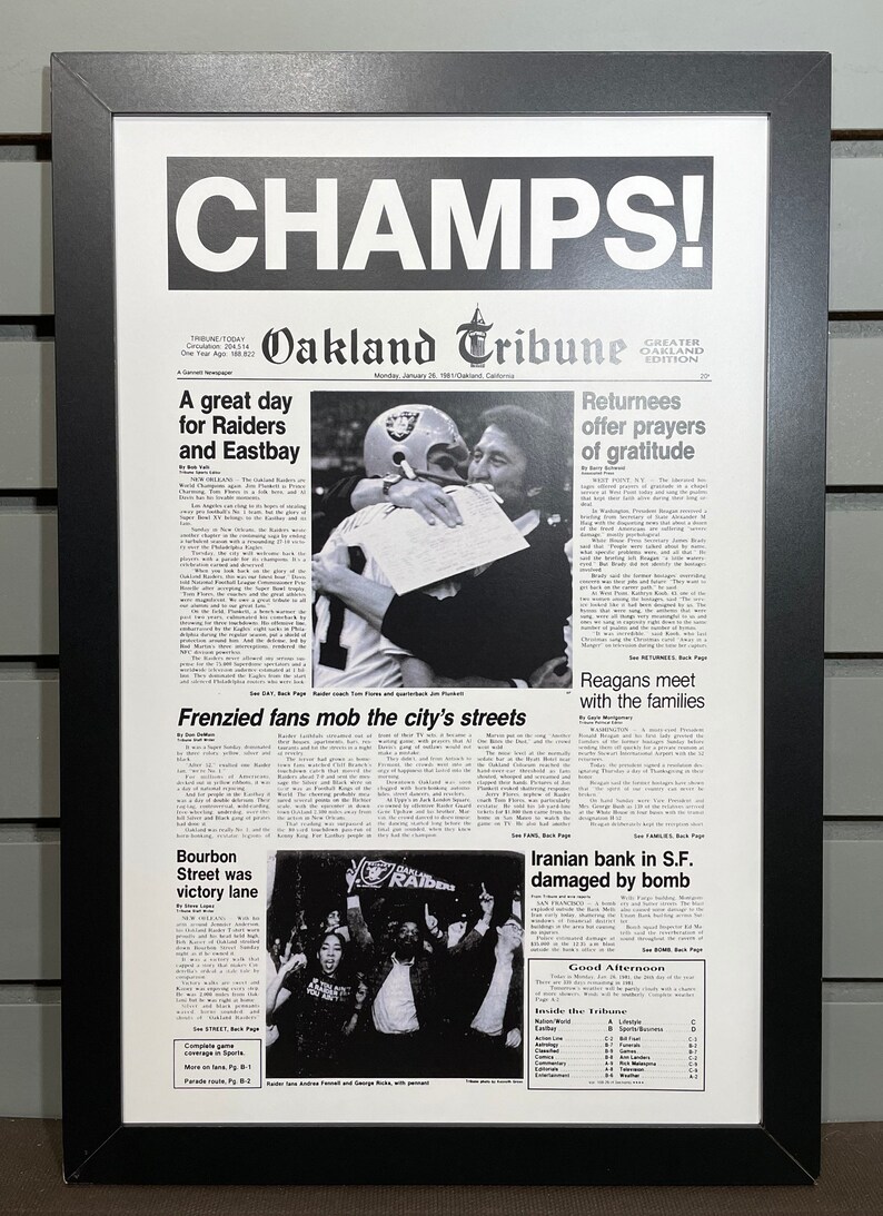 1981 Oakland Raiders Super Bowl XV Champions Framed Front Page | Etsy