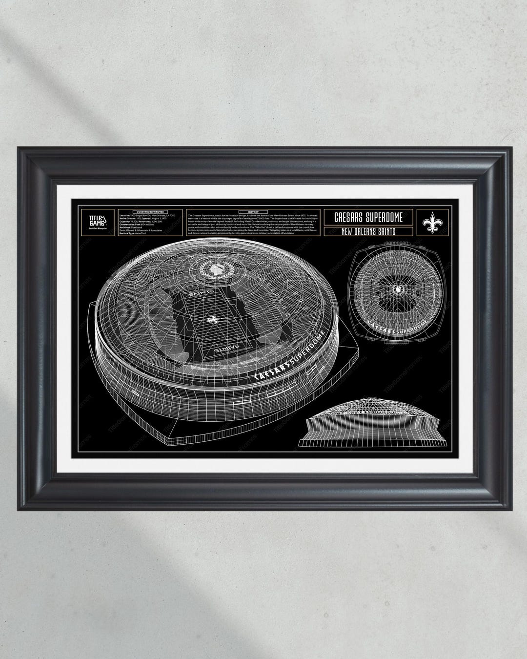 New Orleans Saints Ceasars Superdome Stadium Blueprint Football Print ...