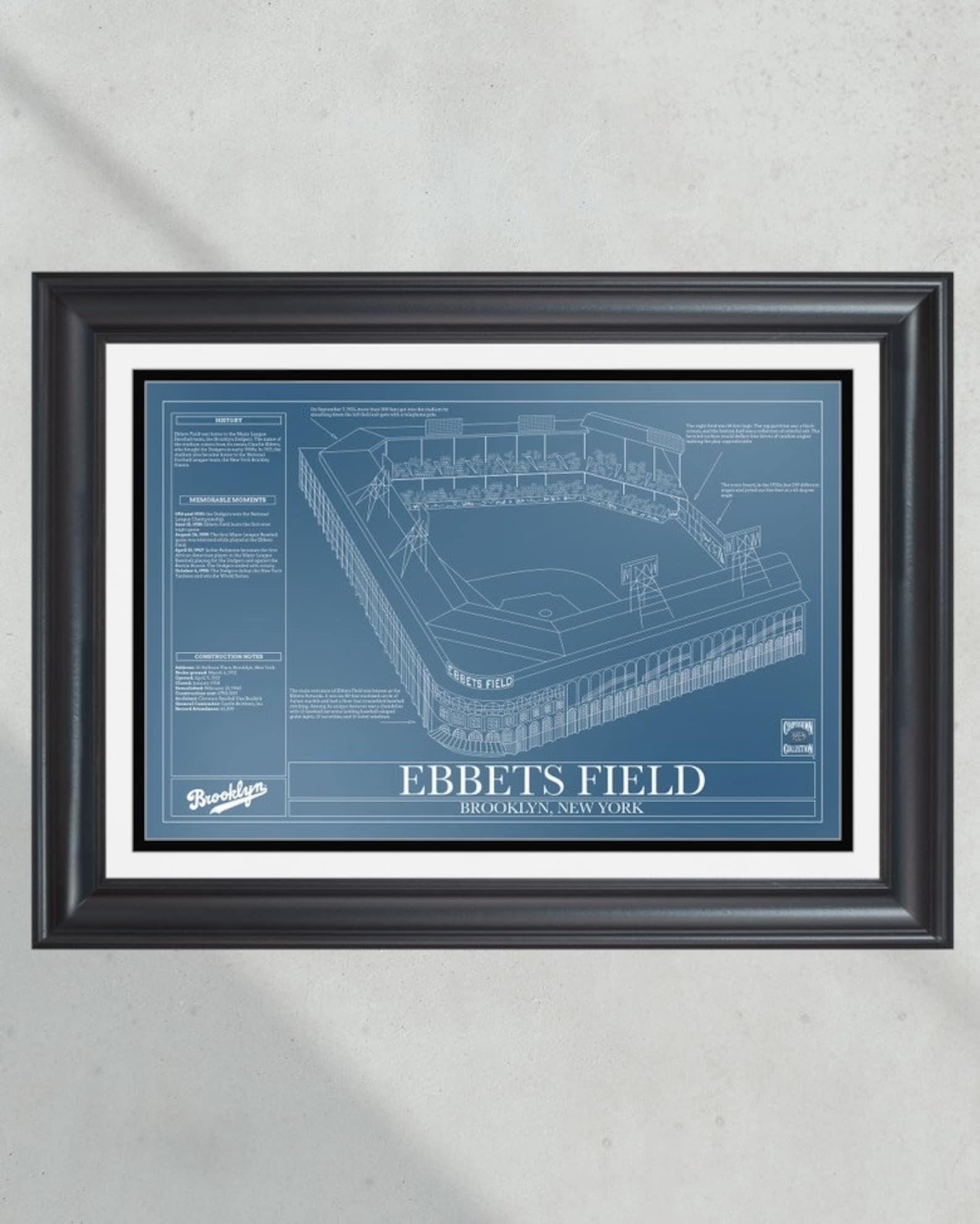 Brooklyn Dodgers Ebbets Field Stadium Ballpark Blueprint Baseball Wall ...