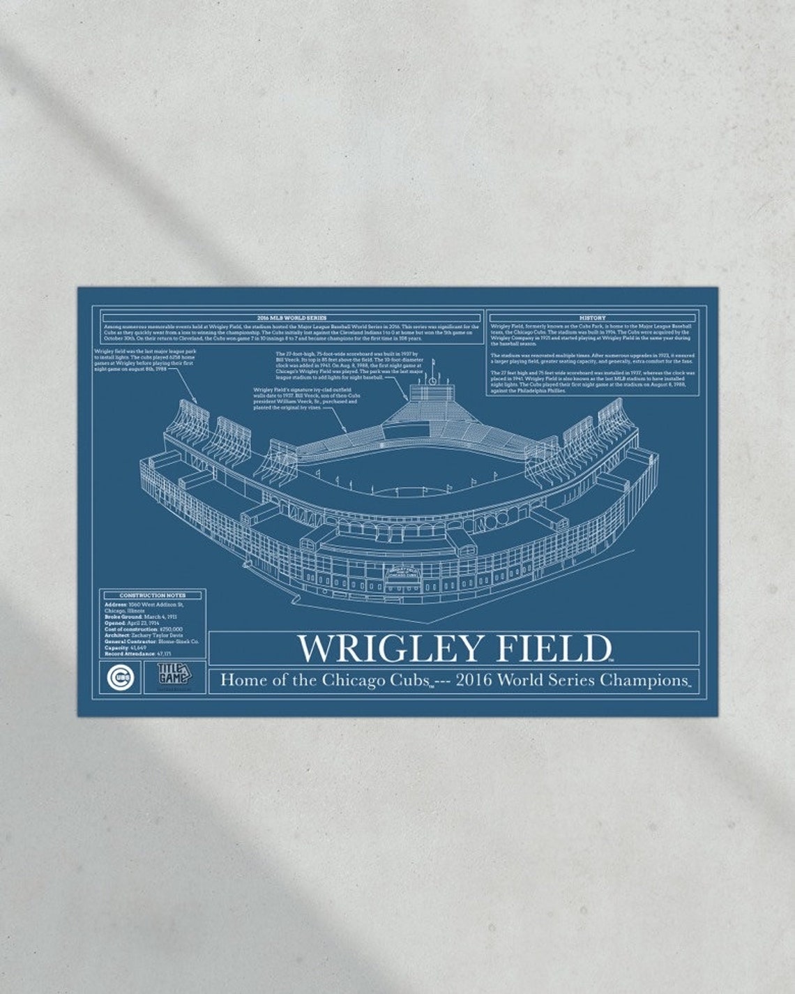 Chicago Cubs Wrigley Field Stadium Ballpark Blueprint Baseball Wall Art ...