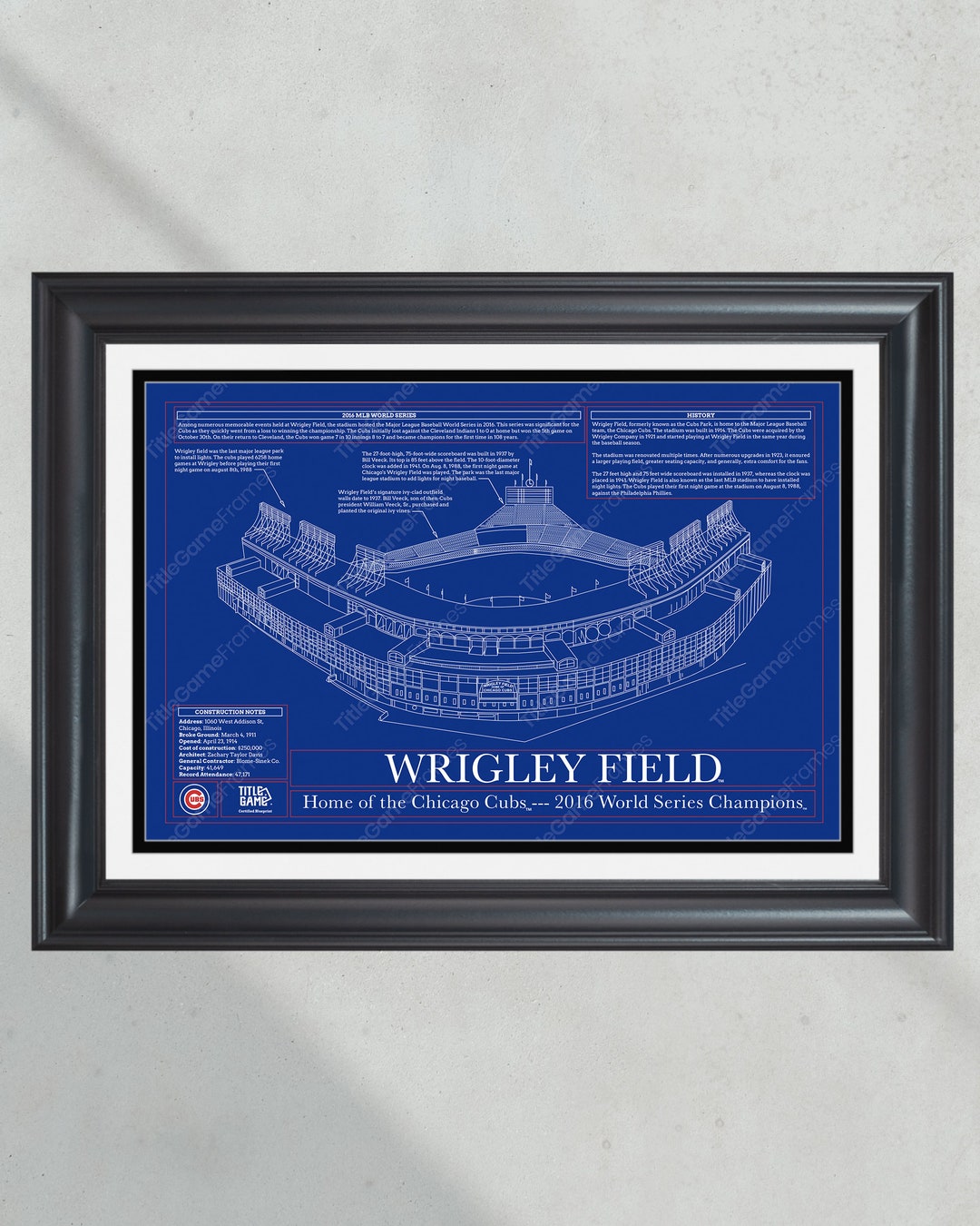 Chicago Cubs Wrigley Field Stadium Ballpark Blueprint Baseball Wall Art ...