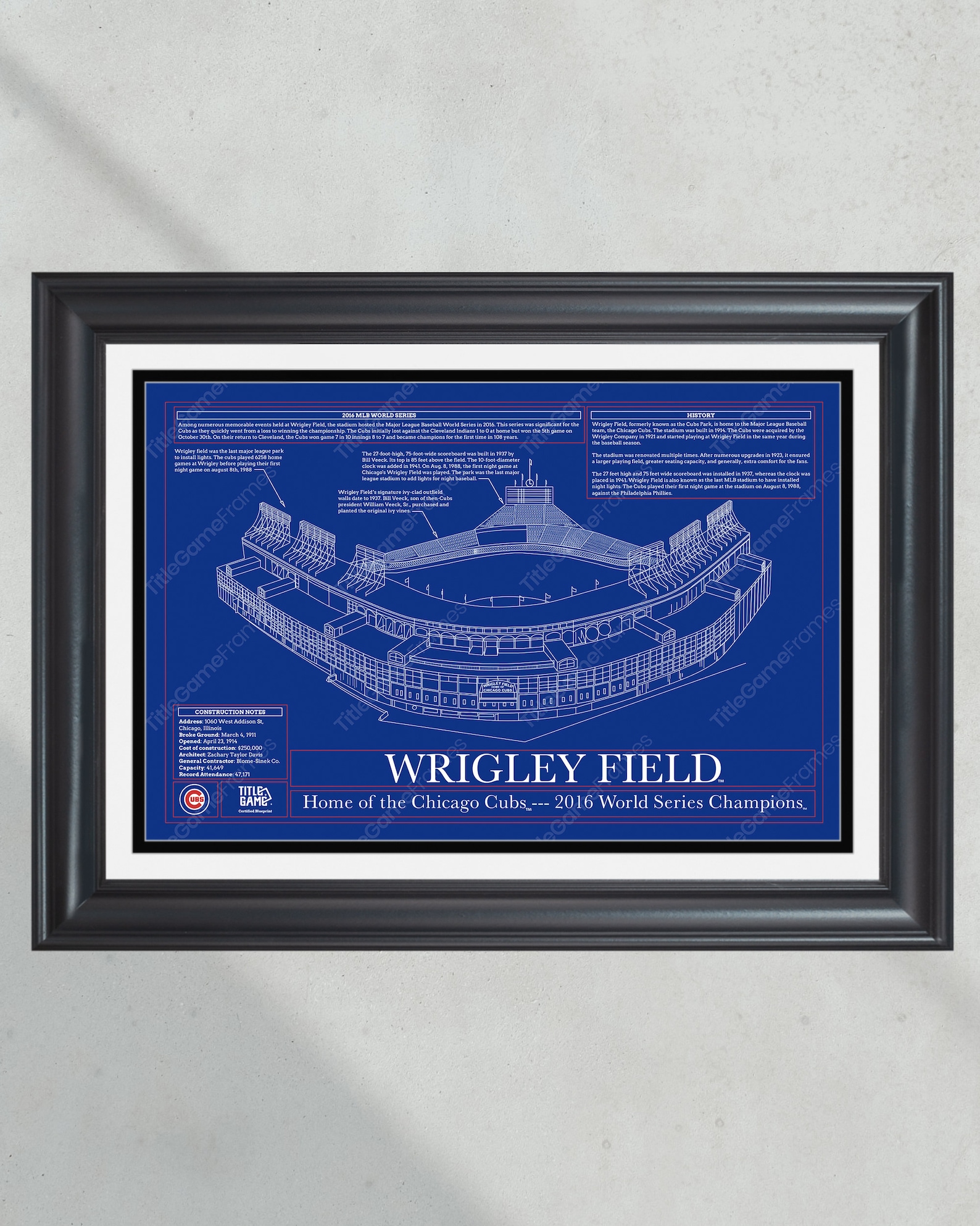 Chicago Cubs Wrigley Field Stadium Ballpark Blueprint Baseball Wall Art ...