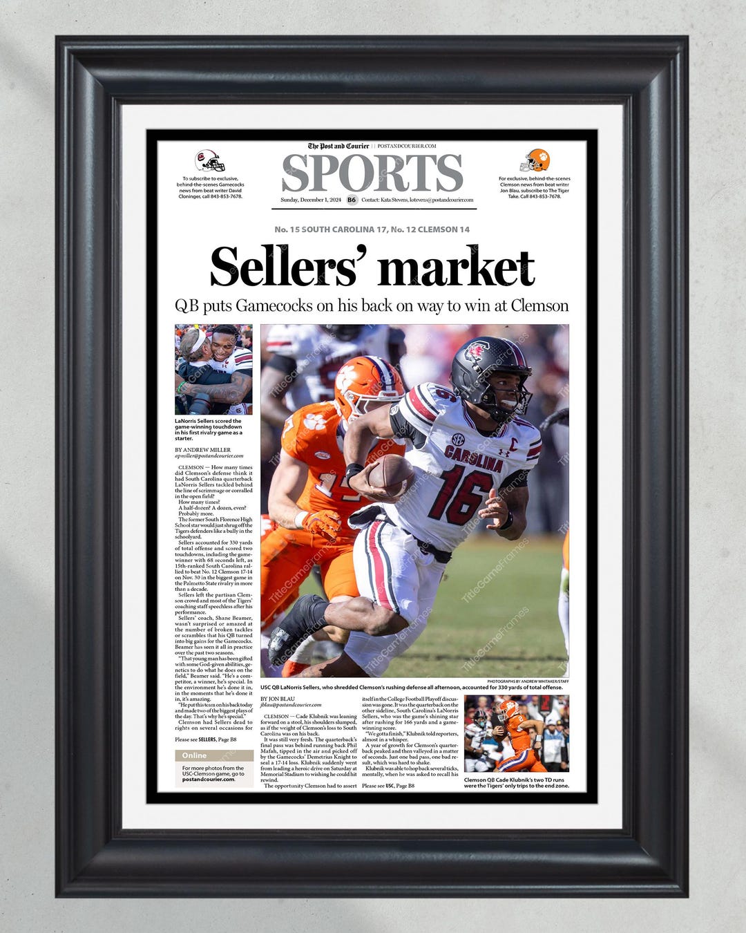2024 South Carolina Gamecocks Defeat Clemson "sellers' Market' - Framed ...