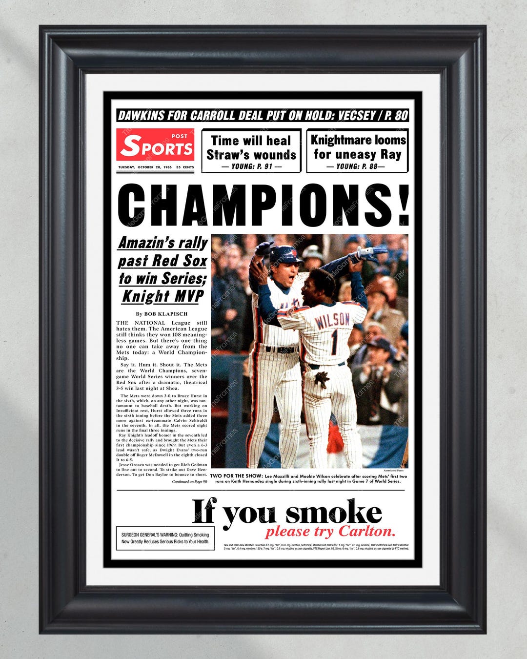 1986 NY Mets 'CHAMPIONS!' - Historic World Series Victory Framed ...