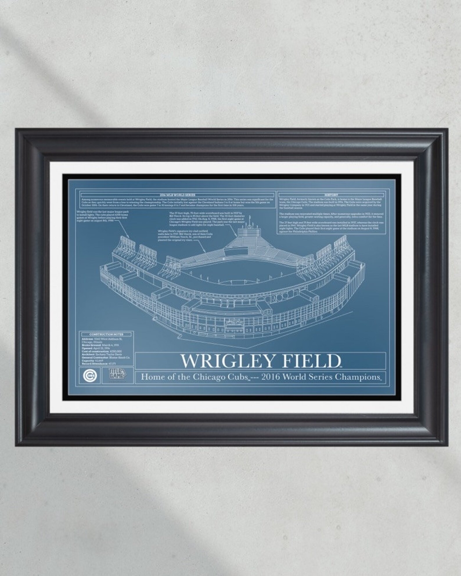 Chicago Cubs Wrigley Field Stadium Ballpark Blueprint Baseball Wall Art ...
