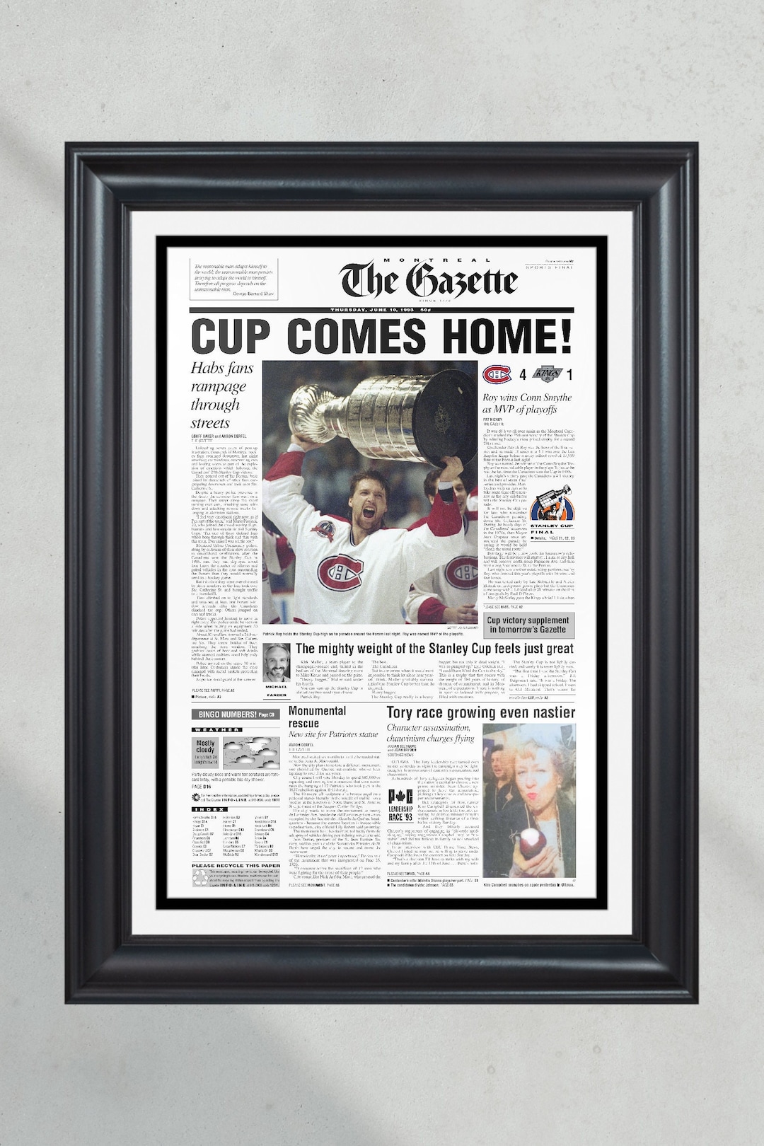 1993 Montreal Canadiens Habs Stanley Cup Champions Front Page Newspaper ...