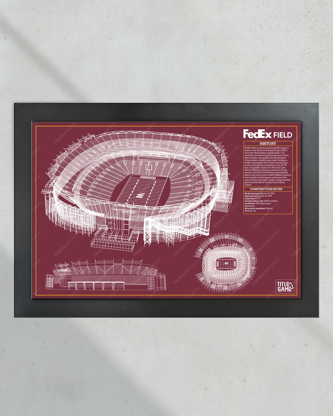 Washington Commanders Fedex Field Stadium Blueprint Football Print - Etsy