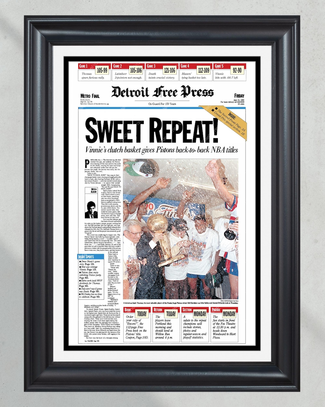 1990 Detroit Pistons NBA Champion Framed Front Page Newspaper Print Bad ...