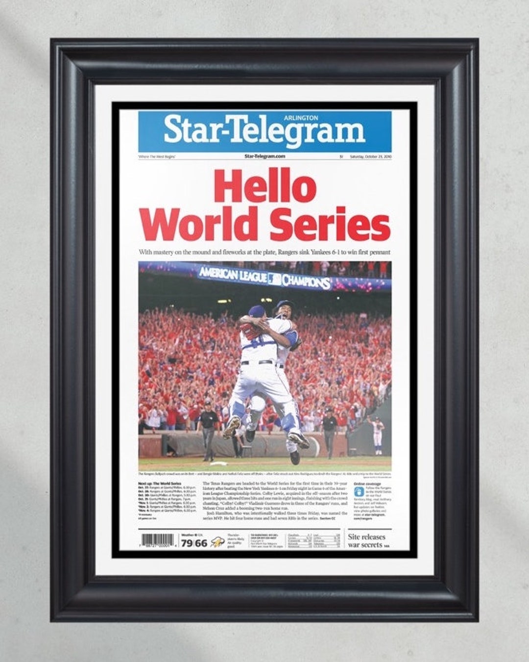 2010 Texas Rangers ALCS Champions Framed Front Page Newspaper Print - Etsy
