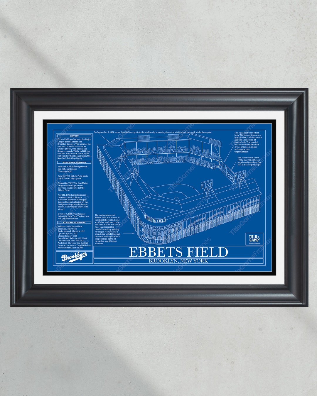 Brooklyn Dodgers Ebbets Field Stadium Ballpark Blueprint Baseball Wall ...