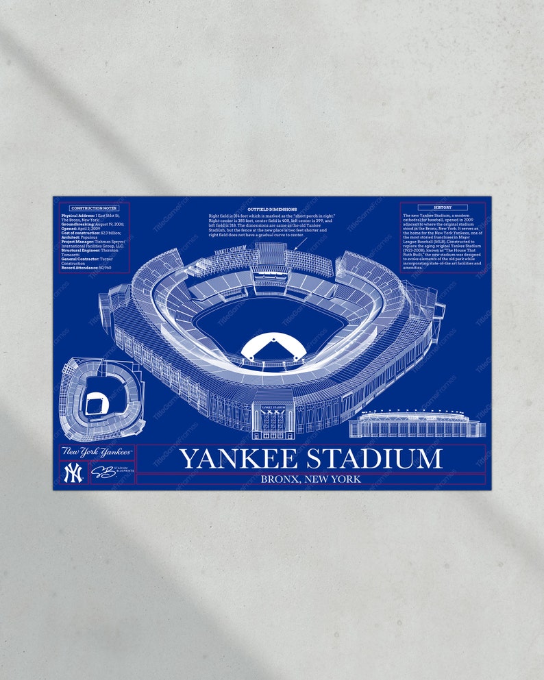 New York Yankees Yankee Stadium Ballpark Blueprint Baseball Wall Art - Etsy