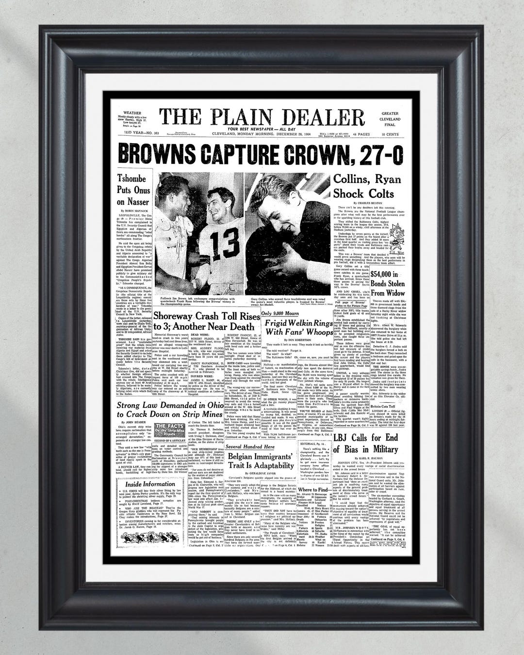 1964 Cleveland Browns Champions Framed Front Page Newspaper Print - Etsy