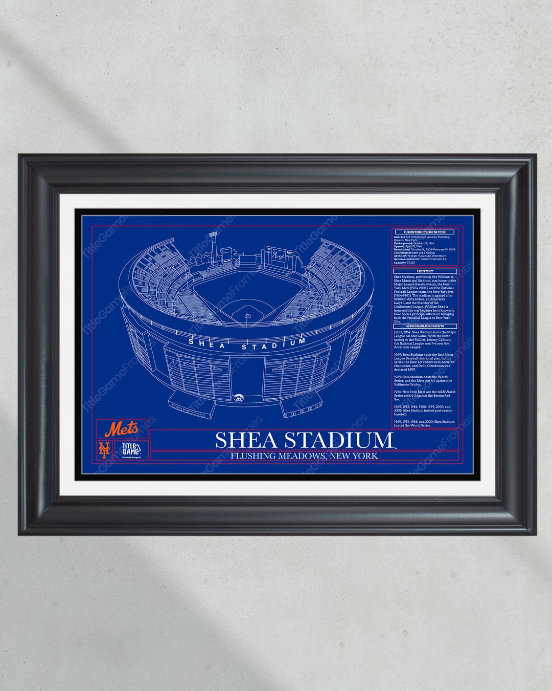 New York Mets Shea Stadium Stadium Ballpark Blueprint Baseball Wall Art ...