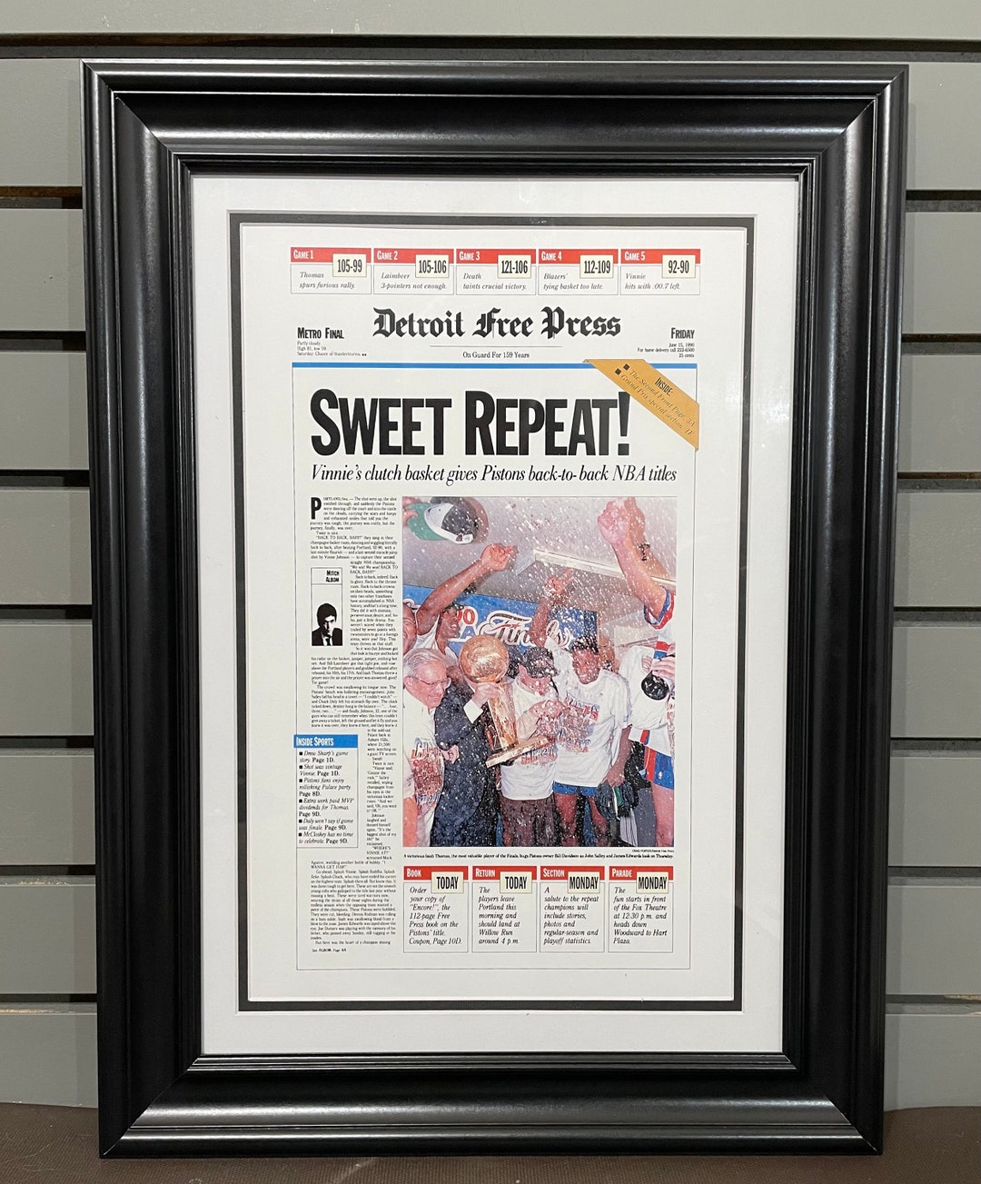 1990 Detroit Pistons NBA Champion Framed Front Page Newspaper Print Bad ...