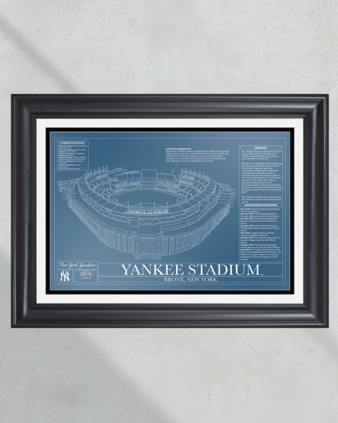 New York Yankees Yankee Stadium Ballpark Blueprint Baseball - Etsy