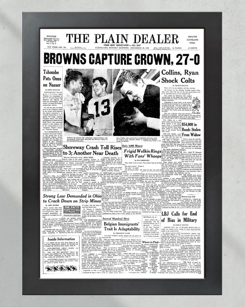 1964 Cleveland Browns Champions Framed Front Page Newspaper Print - Etsy