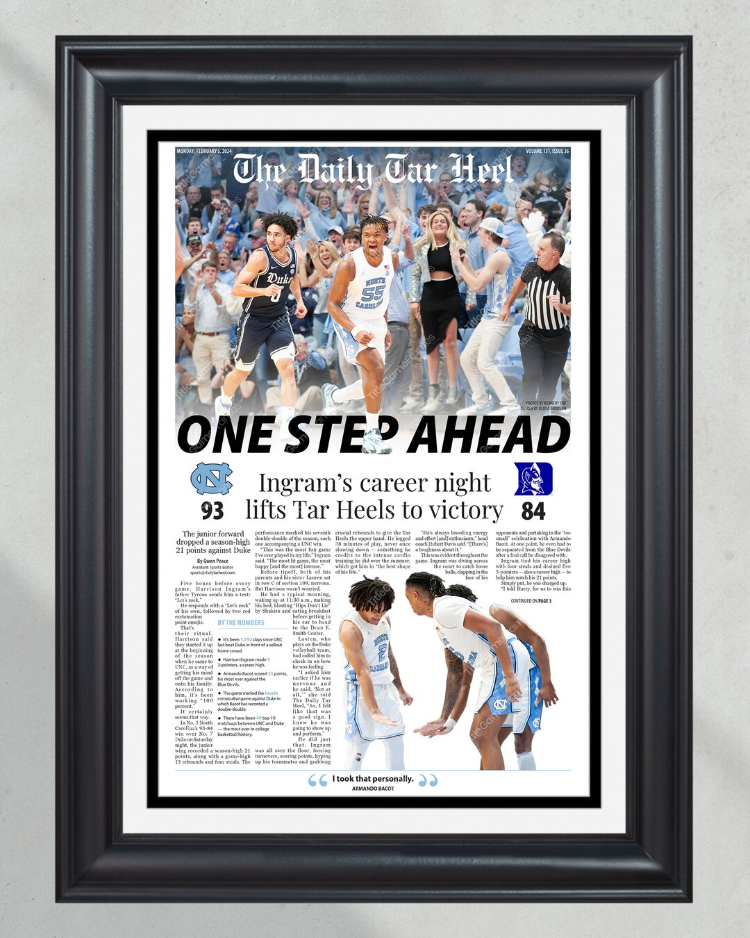2024 North Carolina Tar Heels Defeat Duke 'one Step Ahead' Framed Front ...