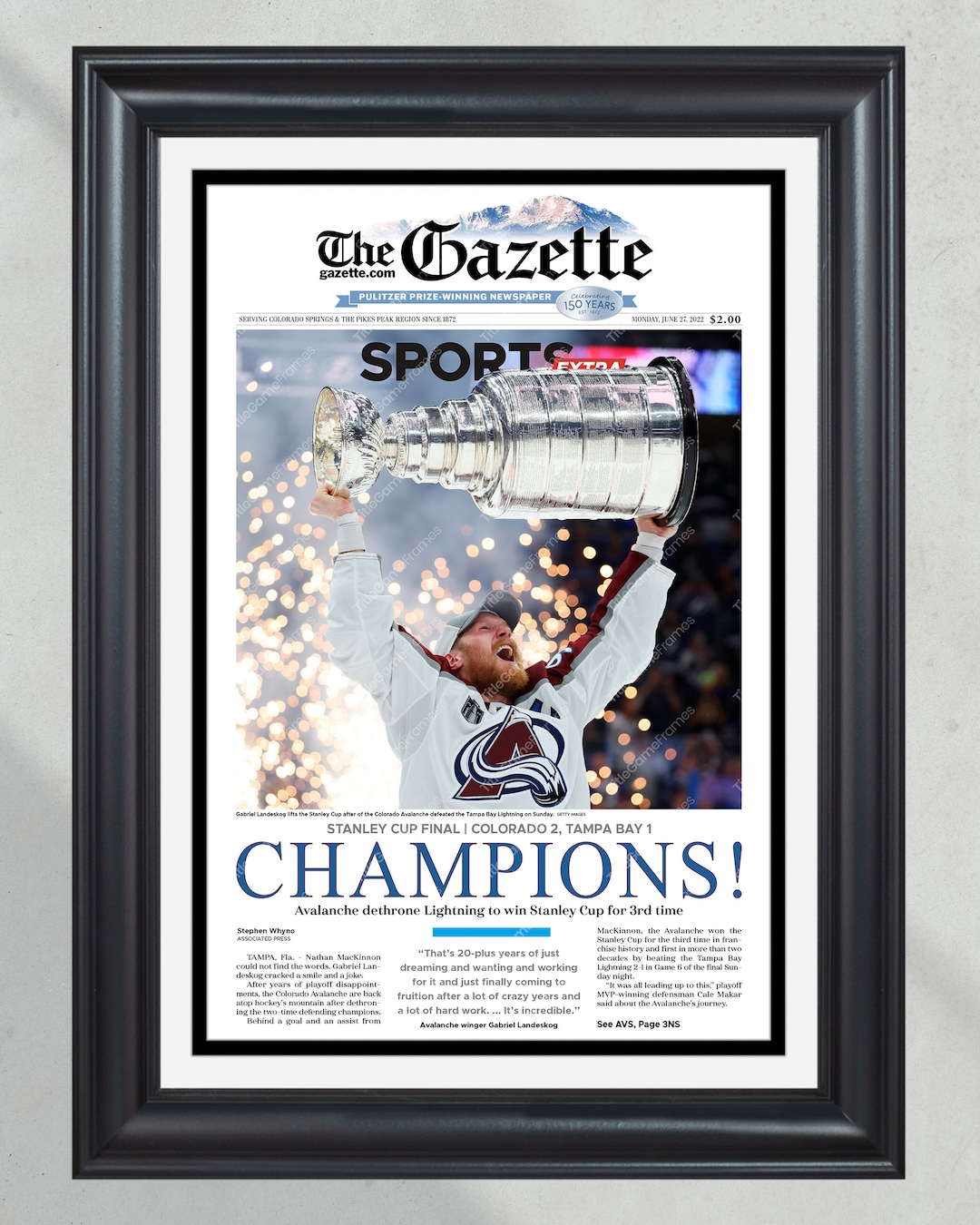 2022 Colorado Avalanche Stanley Cup 'champions' Framed Front Page ...
