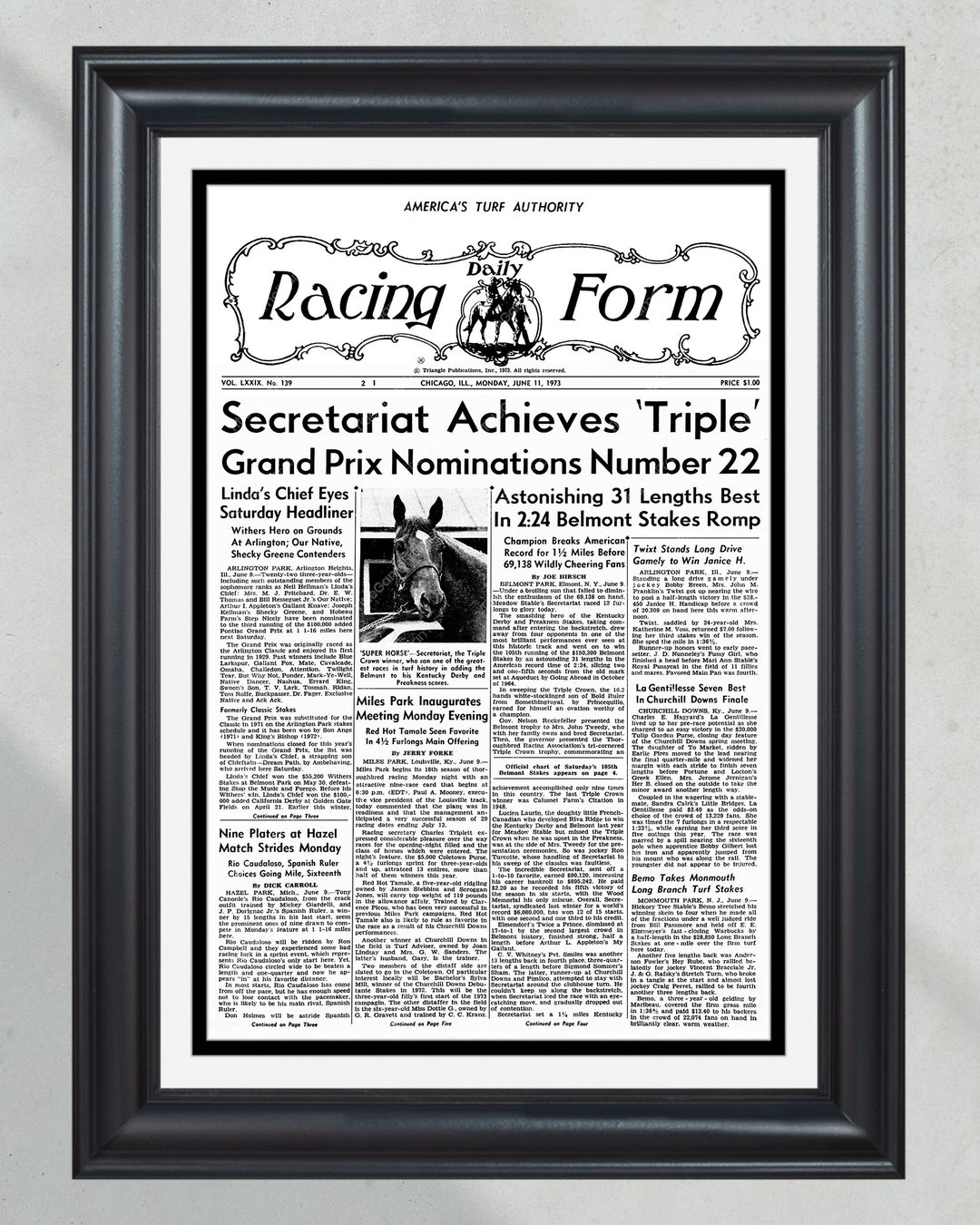 1973 Secretariat Triple Crown Winner Framed Front Page Newspaper Print ...