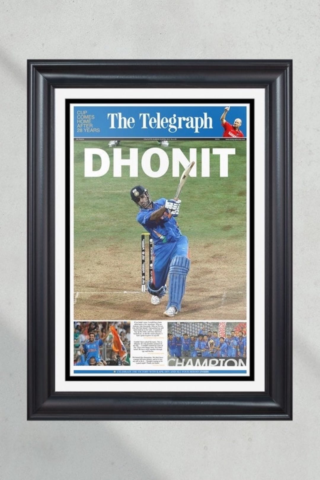 2011 India World Cup Cricket Champions Framed Front Page Newspaper ...