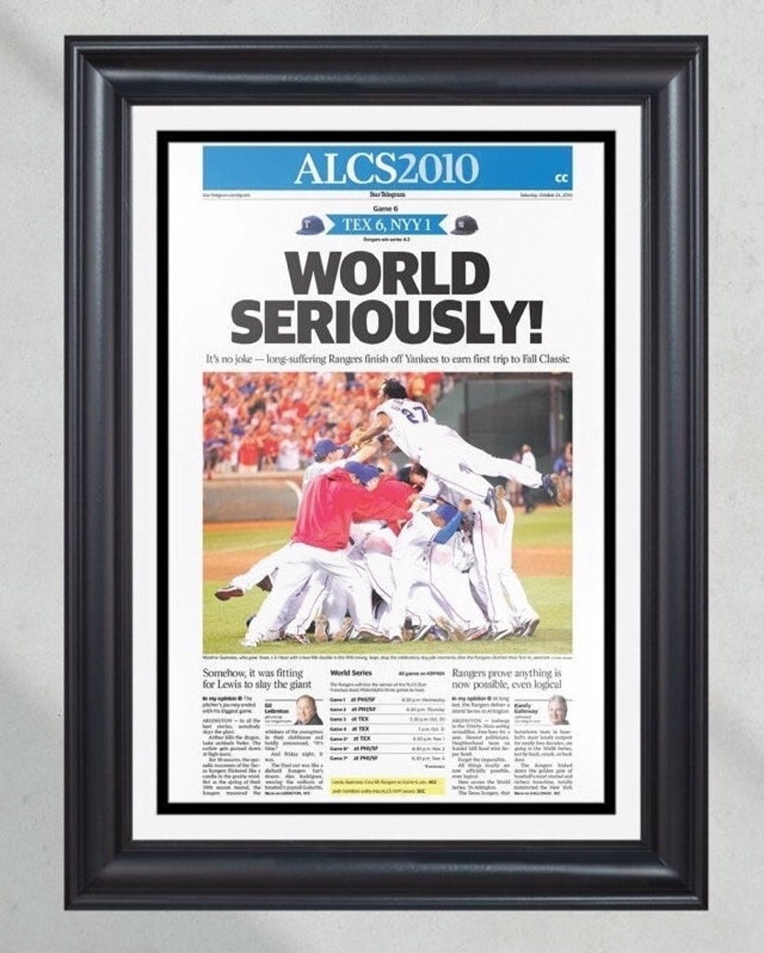 2010 Texas Rangers ALCS Champions Framed Front Page Newspaper Print - Etsy