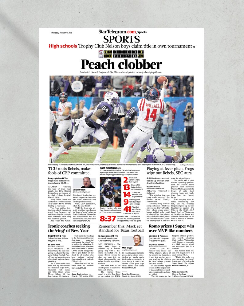 2014 Peach Bowl TCU Defeats Ole Miss 'peach Clobber' Framed Front Page ...
