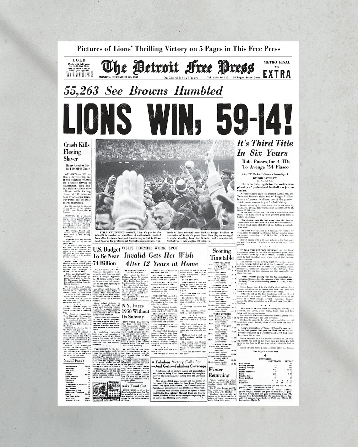 1957 Detroit Lions' Historic Championship Win: 'LIONS WIN, 59-14 ...