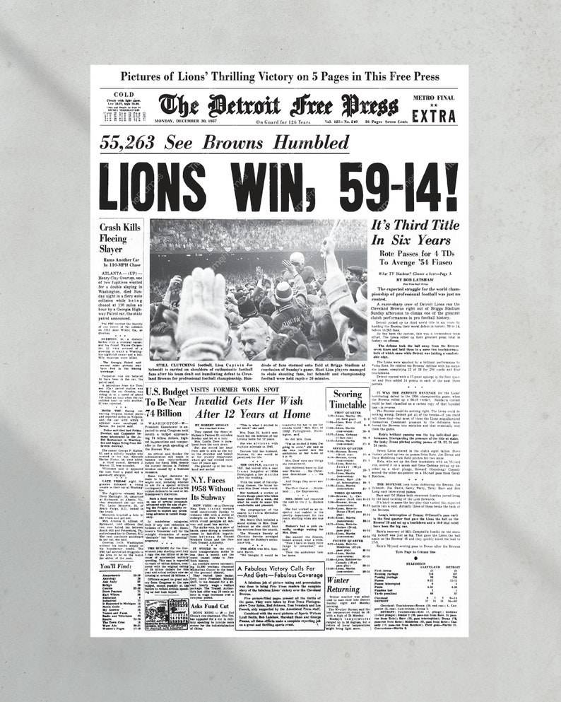 1957 Detroit Lions' Historic Championship Win: 'LIONS WIN, 59-14 ...