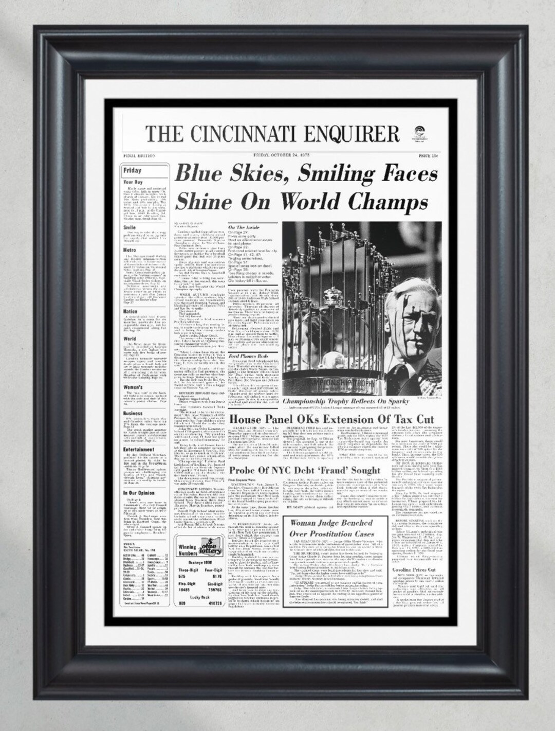 1975 Cincinnati Reds World Series Champions Framed Front Page Newspaper ...