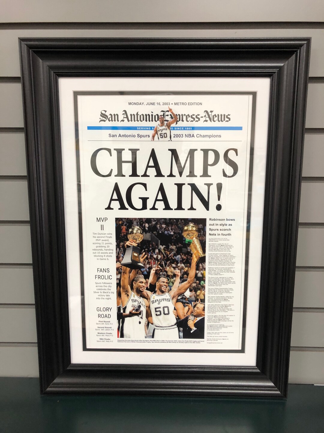 2003 San Antonio Spurs Framed Newspaper Cover Print David Robinson and ...