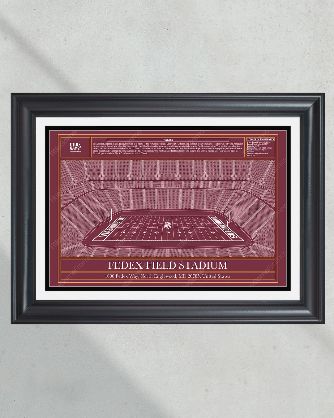 Washington Commanders Fedex Field Stadium Blueprint Football Print - Etsy