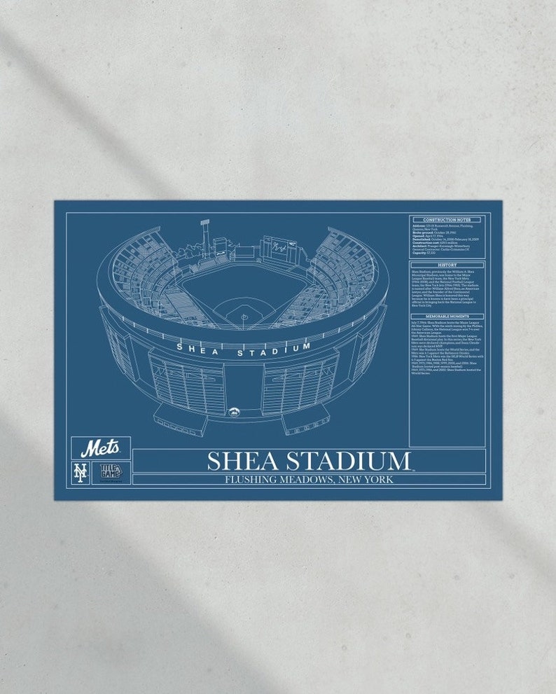 New York Mets Shea Stadium Stadium Ballpark Blueprint Baseball Wall Art ...