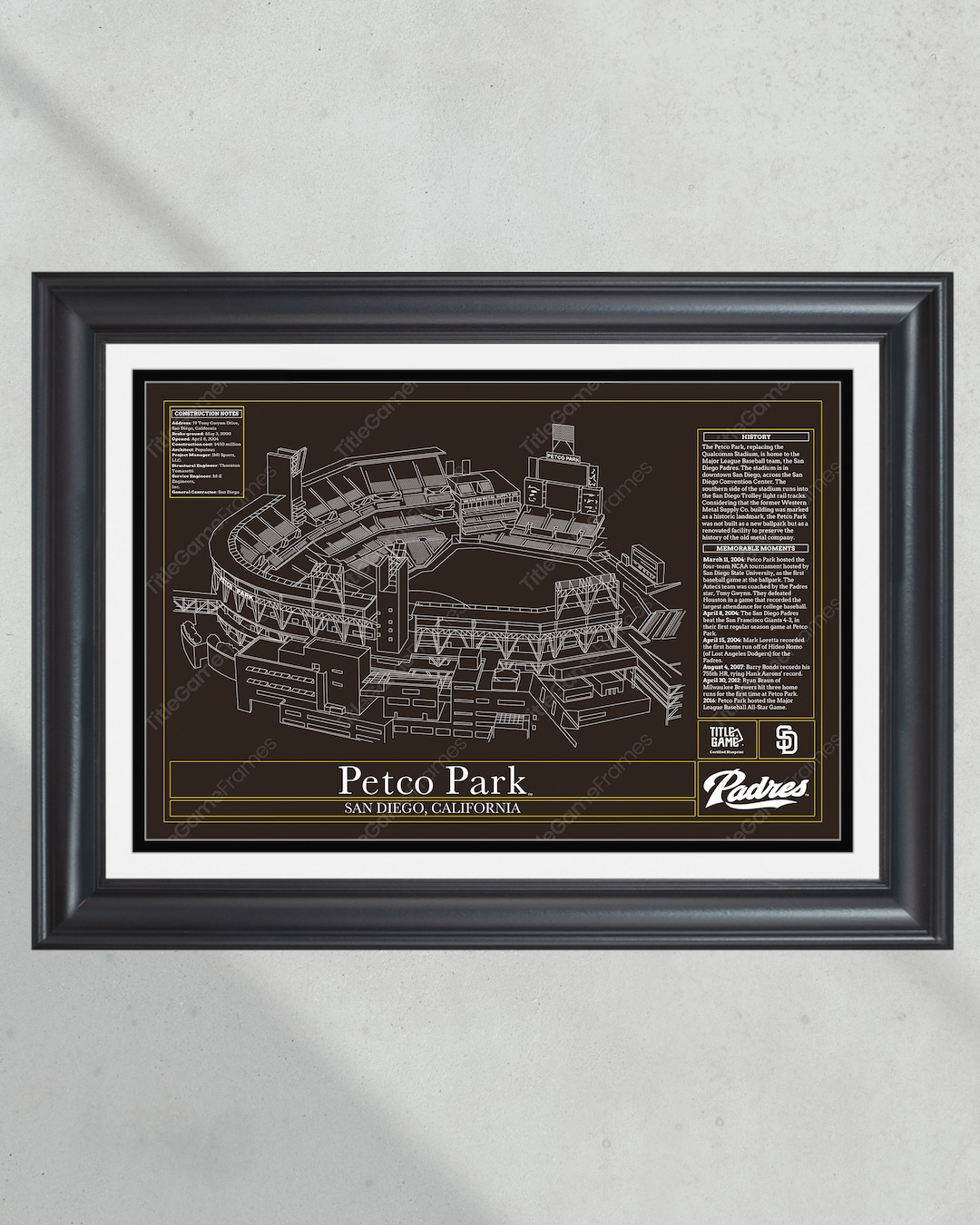 San Diego Padres Petco Park Stadium Ballpark Blueprint Baseball Wall ...